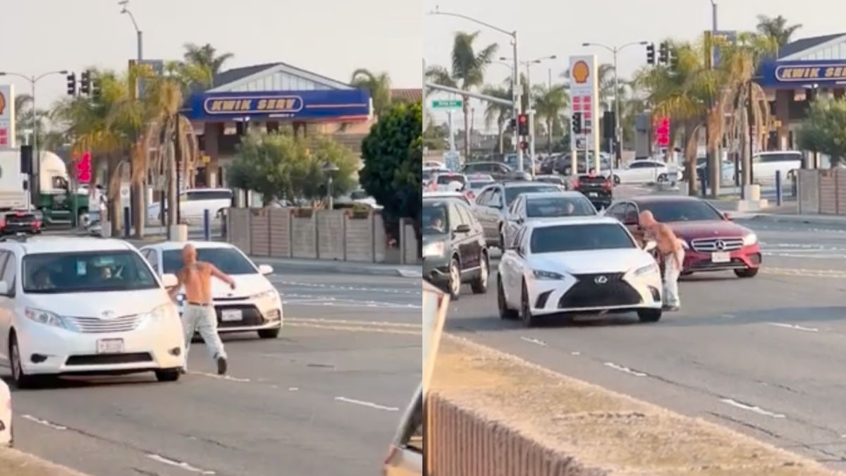 Insane Shirtless Man Confuses California Highway For GTA Scene Trying To Forcefully Open Car Doors
