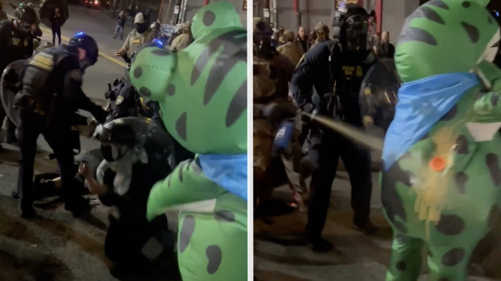Portland Police Pepper-Sprays Breathing Vent of Protester in Frog Suit ...